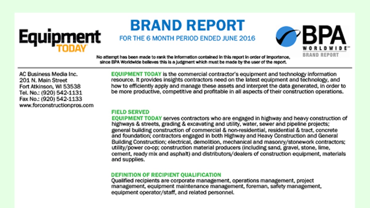 Equipment Today BPA Brand Report | For Construction Pros